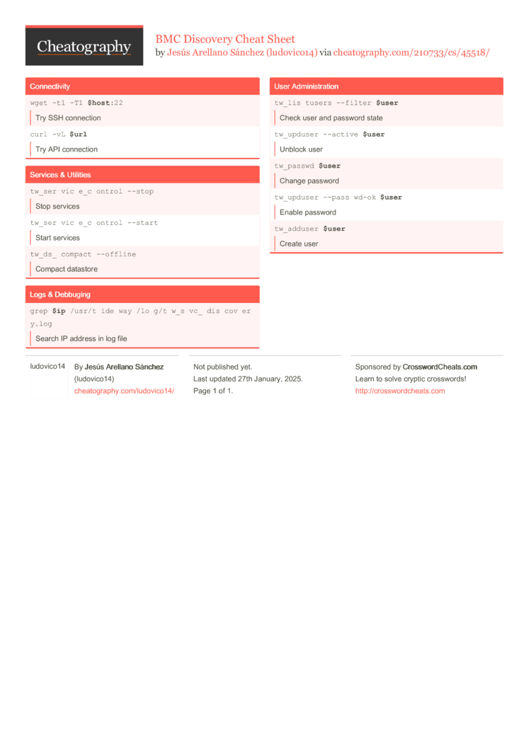 BMC Discovery Cheat Sheet by ludovico14 - Download free from ...