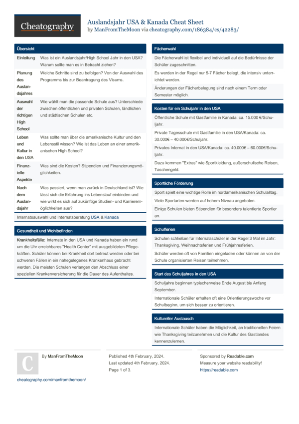 Auslandsjahr USA & Kanada Cheat Sheet by ManFromTheMoon - Download free ...