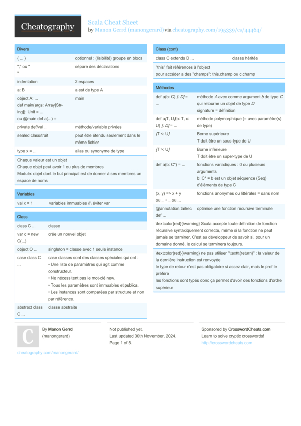 Scala Cheat Sheet by manongerard - Download free from Cheatography - Cheatography.com: Cheat ...