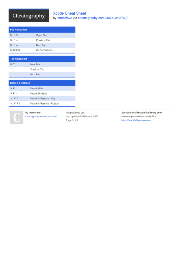 Xcode Cheat Sheet by marcslove - Download free from Cheatography - Cheatography.com: Cheat ...