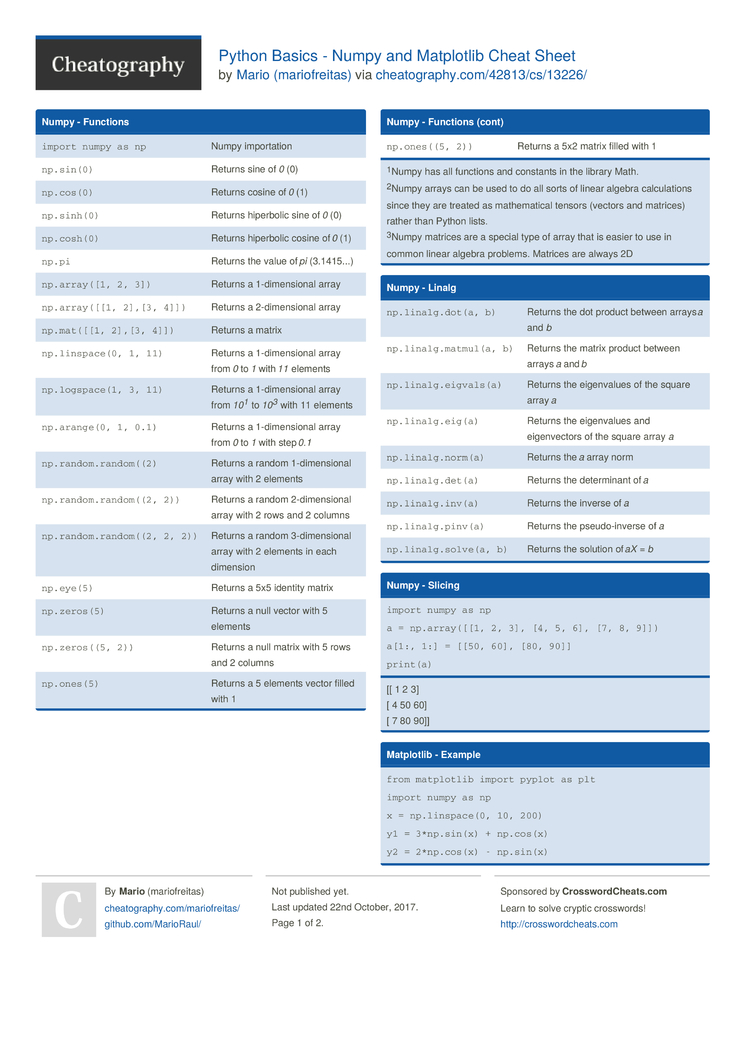 Python Basics - Numpy and Matplotlib Cheat Sheet by mariofreitas ... Python Basics - Numpy and Matplotlib Cheat Sheet by mariofreitas ...