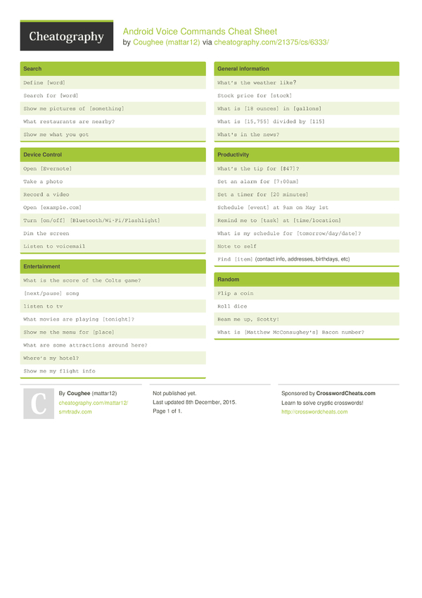 Android Voice Commands Cheat Sheet by mattar12 - Download free from ...