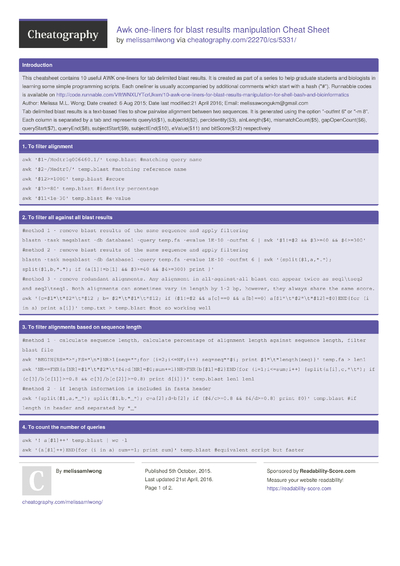 Awk one-liners for FASTA manipulation version 1.0 Cheat Sheet by ...