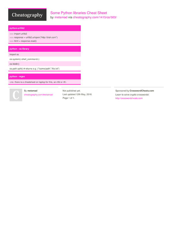 Some Python Libraries Cheat Sheet By Metamad Download Free From Cheatography Cheatography