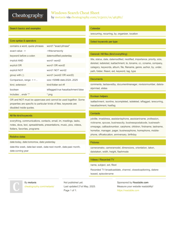 Windows Search Cheat Sheet by metaxis - Download free from Cheatography ...