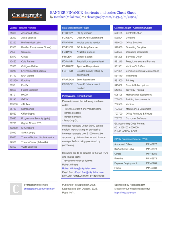 BANNER FINANCE shortcuts and codes Cheat Sheet by Milollmax - Download ...