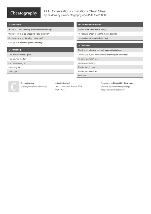 EFL Conversations - Invitations Cheat Sheet by mkdowney - Download free ...