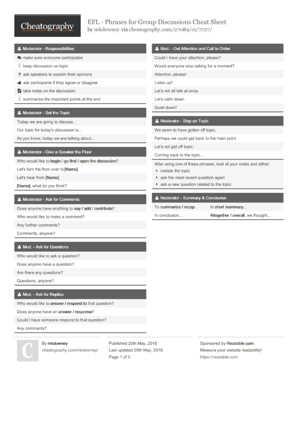 EFL - Phrases for Group Discussions Cheat Sheet by mkdowney - Download ...