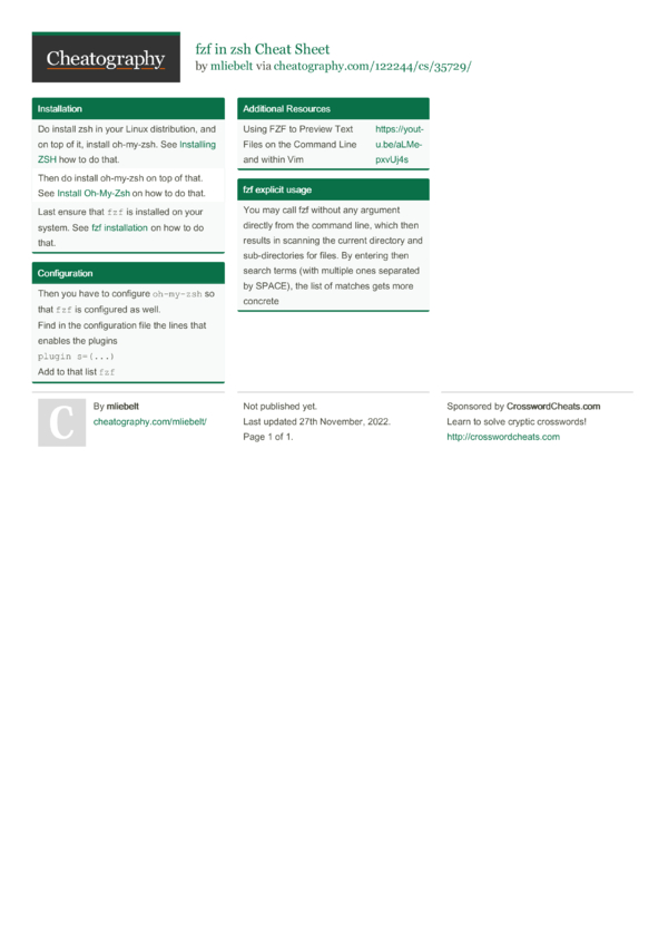 fzf in zsh Cheat Sheet by mliebelt - Download free from Cheatography ...