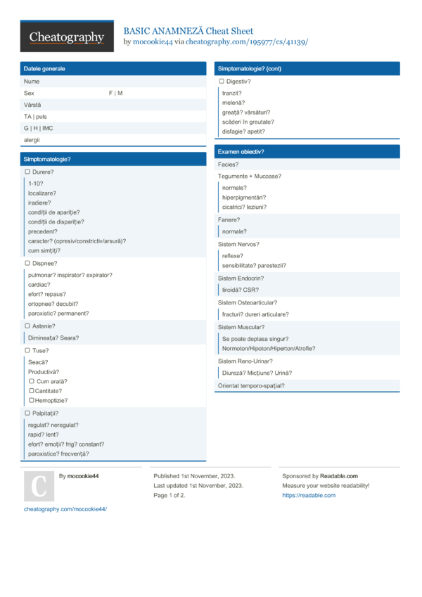 BASIC ANAMNEZĂ Cheat Sheet by mocookie44 - Download free from ...