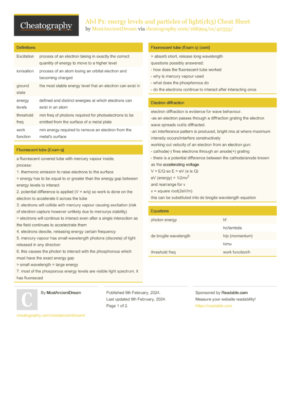 Alvl P1: energy levels and particles of light(ch3) Cheat Sheet by ...