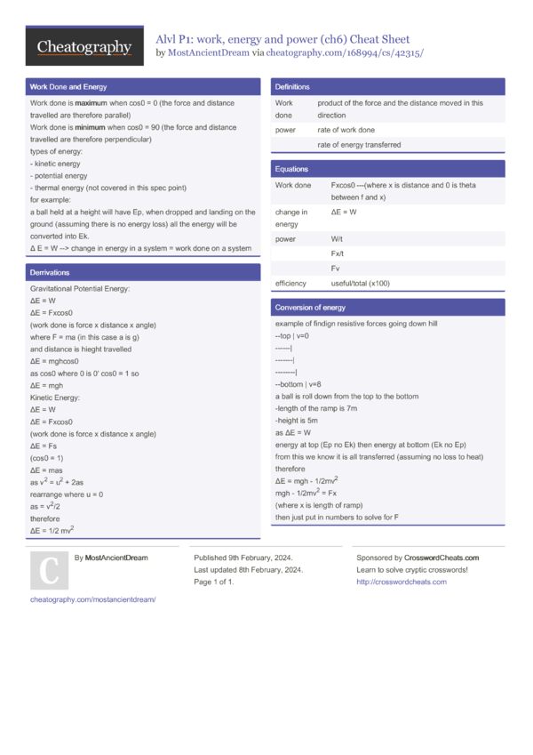 Alvl P1: work, energy and power (ch6) Cheat Sheet by MostAncientDream ...
