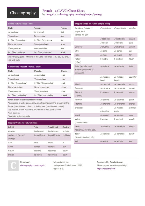 French - 4 (LAVC) Cheat Sheet by mregal1 - Download free from Cheatography - Cheatography.com ...