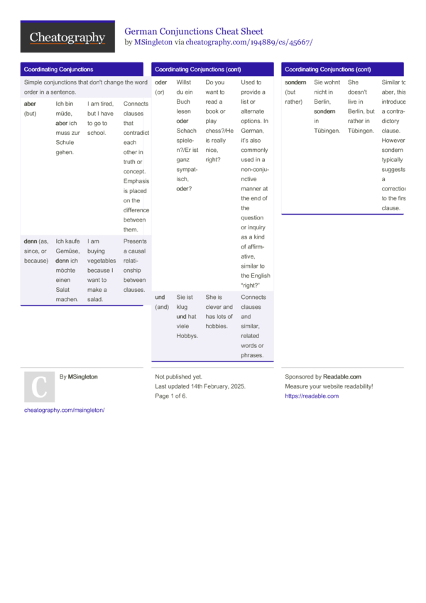 German Conjunctions Cheat Sheet by MSingleton - Download free from ...