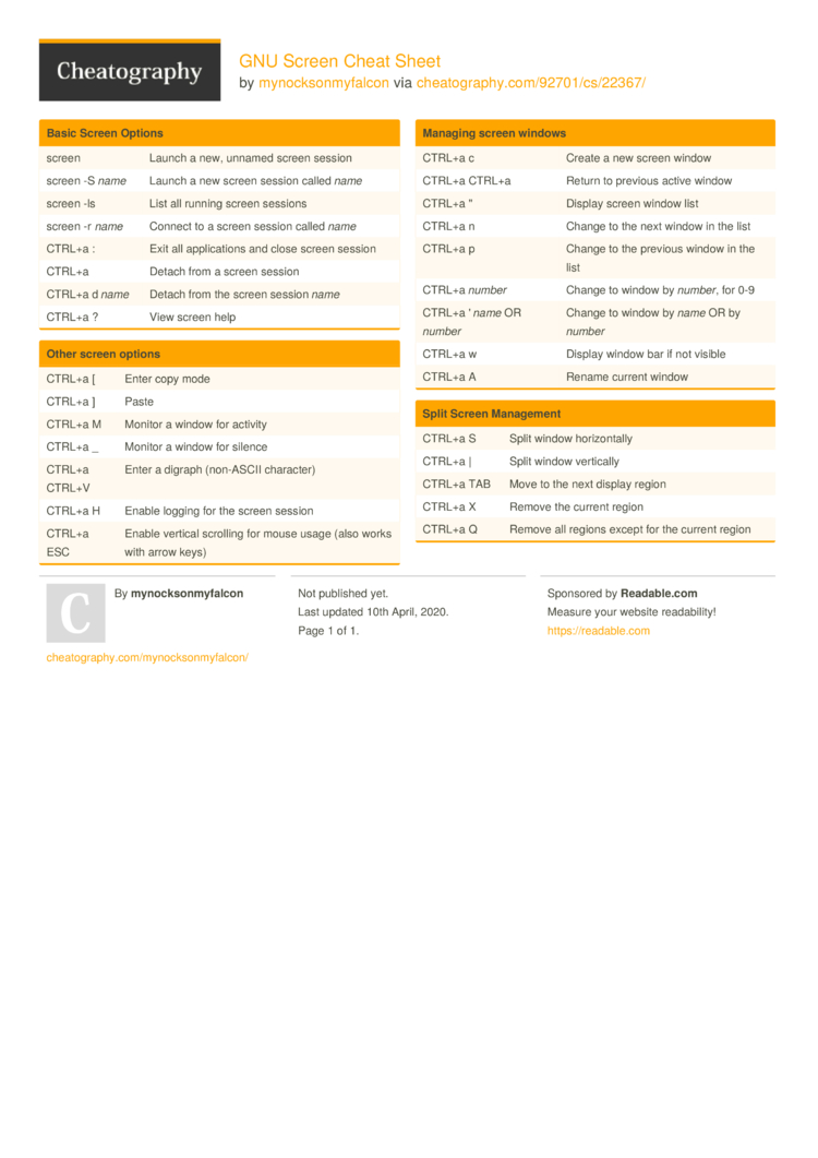 GNU Screen Cheat Sheet by mynocksonmyfalcon - Download free from ... GNU Screen Cheat Sheet by mynocksonmyfalcon - Download free from ...