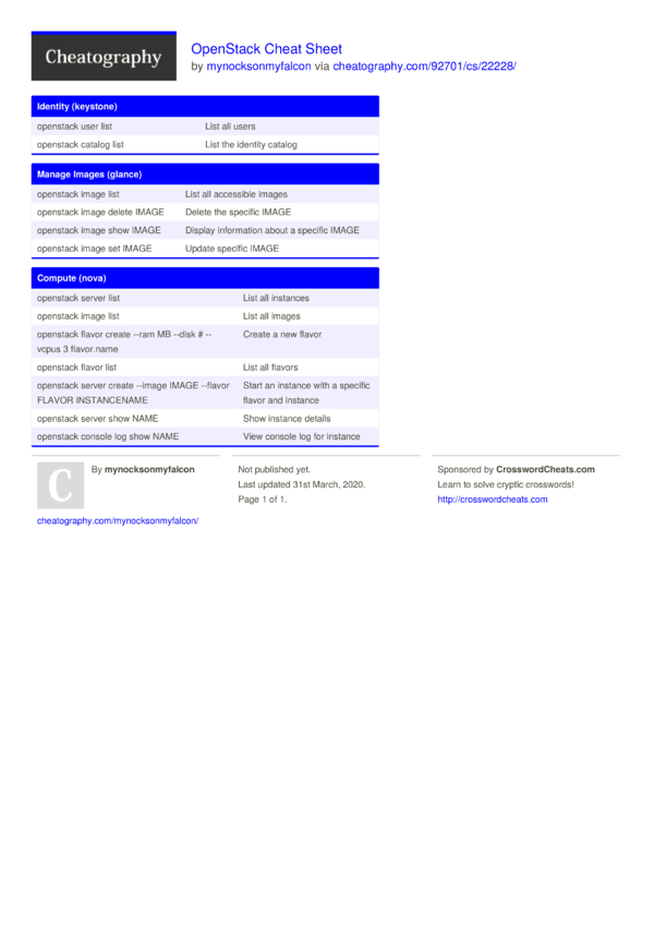 OpenStack Cheat Sheet by mynocksonmyfalcon - Download free from ...