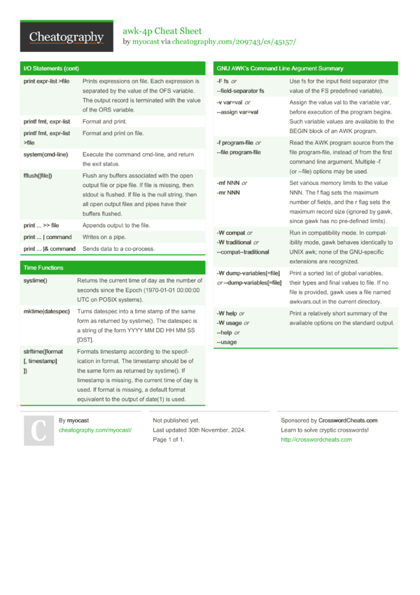 awk-4p Cheat Sheet by myocast - Download free from Cheatography - Cheatography.com: Cheat Sheets ...