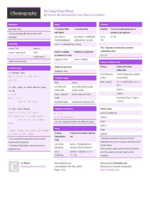 Go Lang Cheat Sheet By Navron Download Free From Cheatography Cheat Sheets