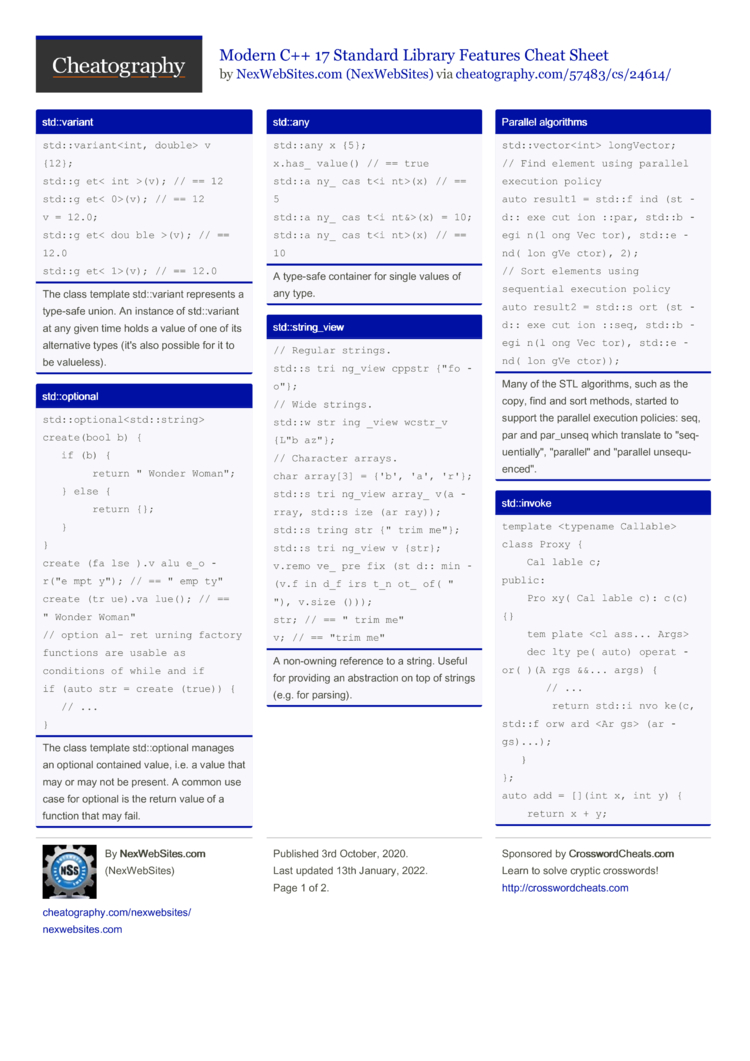 Modern C++ 17 Standard Library Features Cheat Sheet by NexWebSites ...