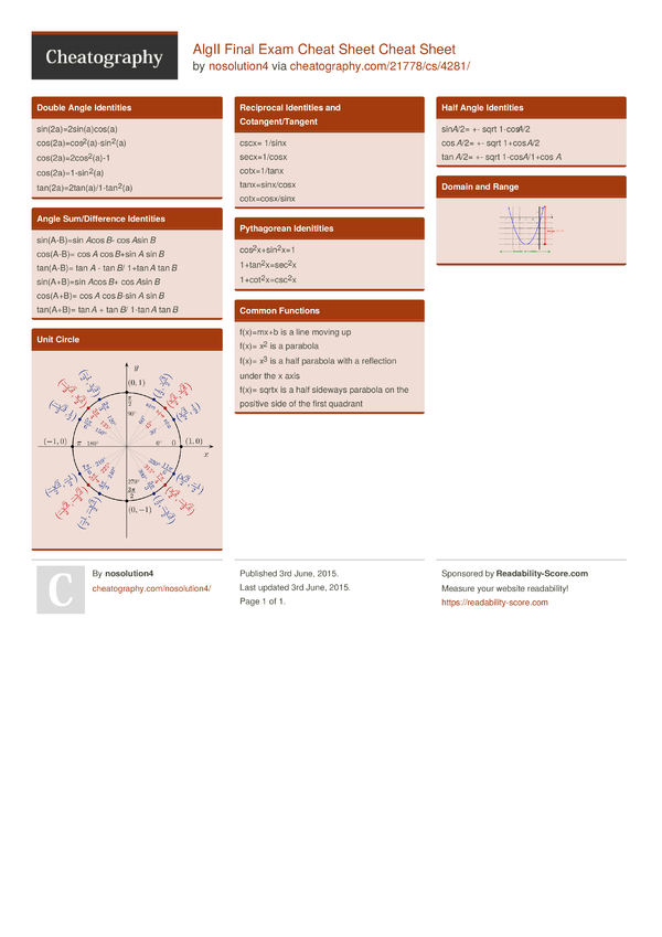 AlgII Final Exam Cheat Sheet Cheat Sheet by nosolution4 - Download free ...