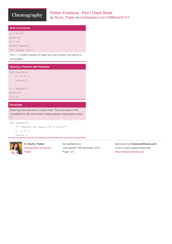 Python Functions Part I Cheat Sheet By Nouha Thabet Download Free From Cheatography