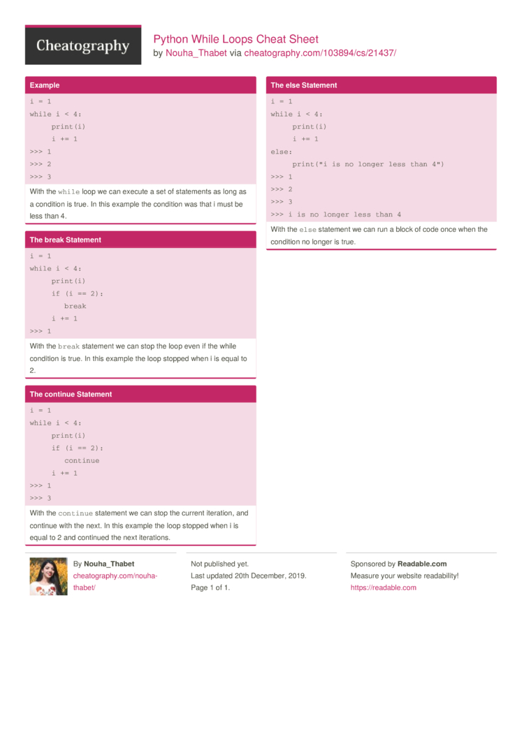 Python While Loops Cheat Sheet by Nouha_Thabet - Download free from ... Python While Loops Cheat Sheet by Nouha_Thabet - Download free from ...