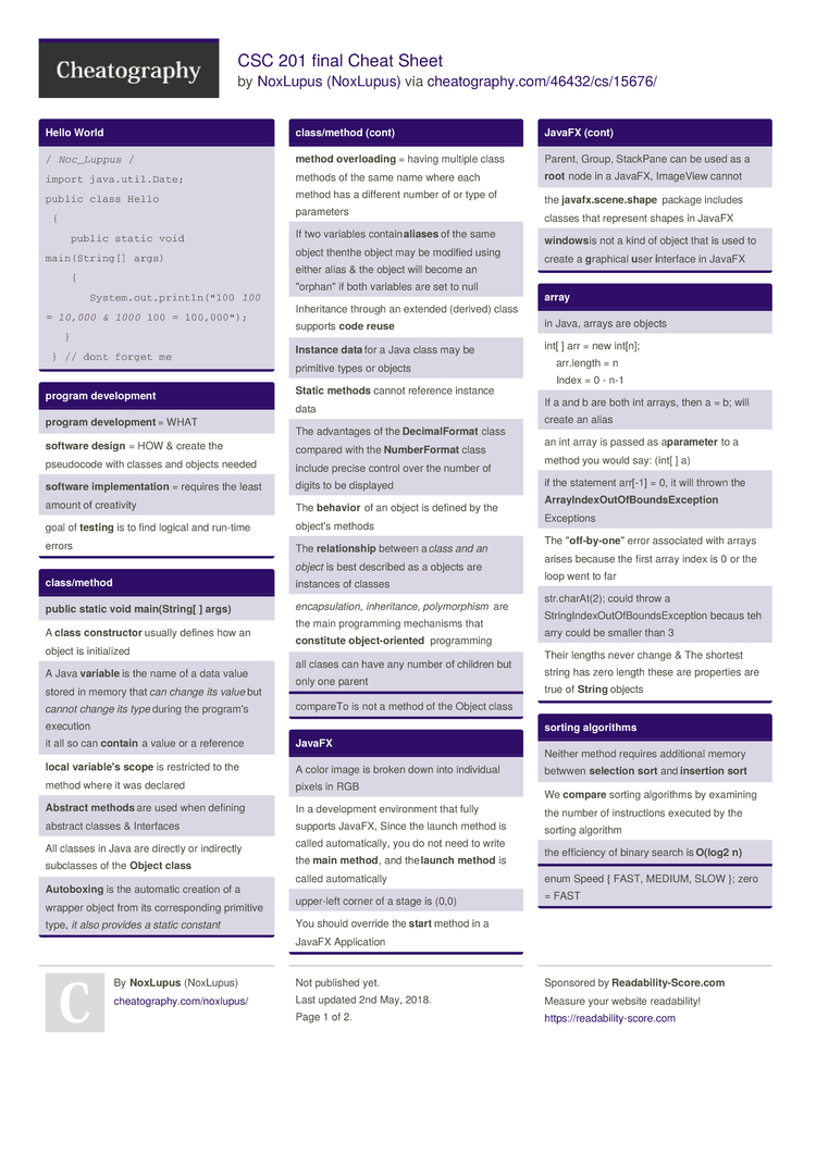 Csc 201 Final Cheat Sheet By Noxlupus Download Free From Cheatography