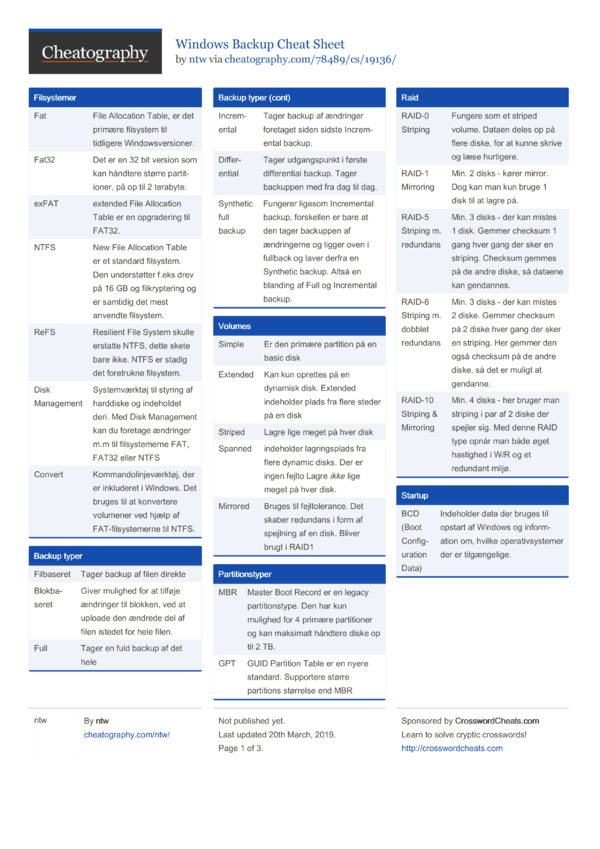Windows Backup Cheat Sheet by ntw - Download free from Cheatography ...