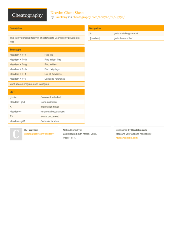 Neovim Cheat Sheet by PaulTony - Download free from Cheatography ... Neovim Cheat Sheet by PaulTony - Download free from Cheatography ...