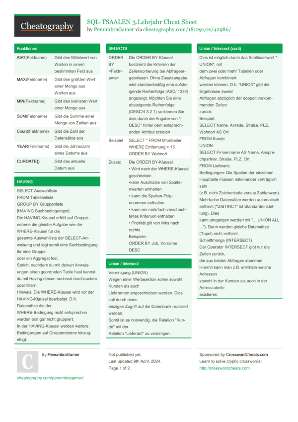 SQL-TSAALEN 3.Lehrjahr Cheat Sheet by PenumbraGamer - Download free from Cheatography ...