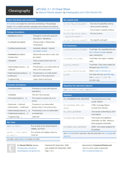 utPLSQL v3 Cheat Sheet by jgebal - Download free from Cheatography ... utPLSQL v3 Cheat Sheet by jgebal - Download free from Cheatography ...