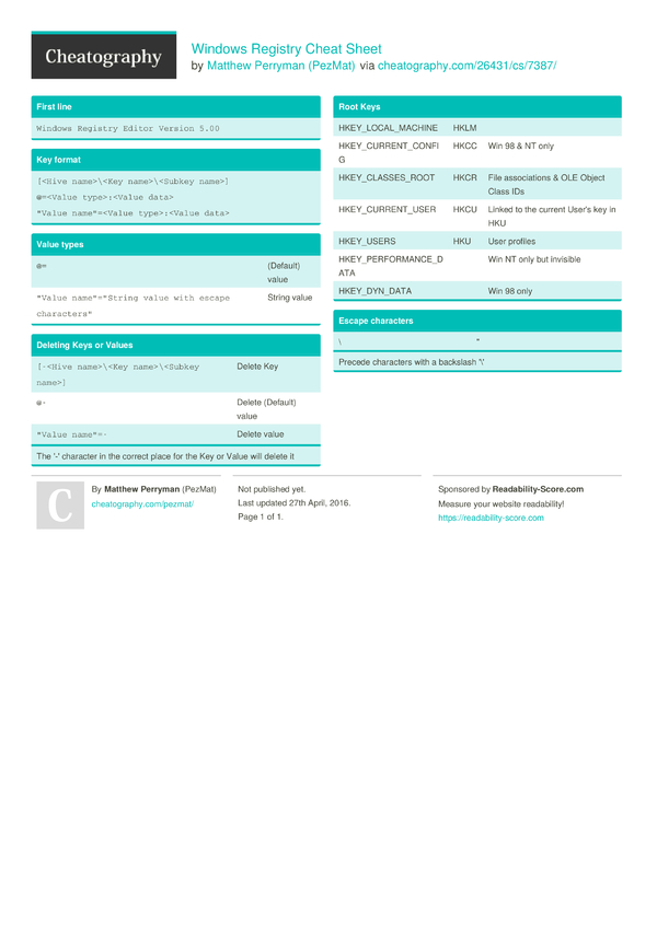 Windows Registry Cheat Sheet by PezMat - Download free from ...