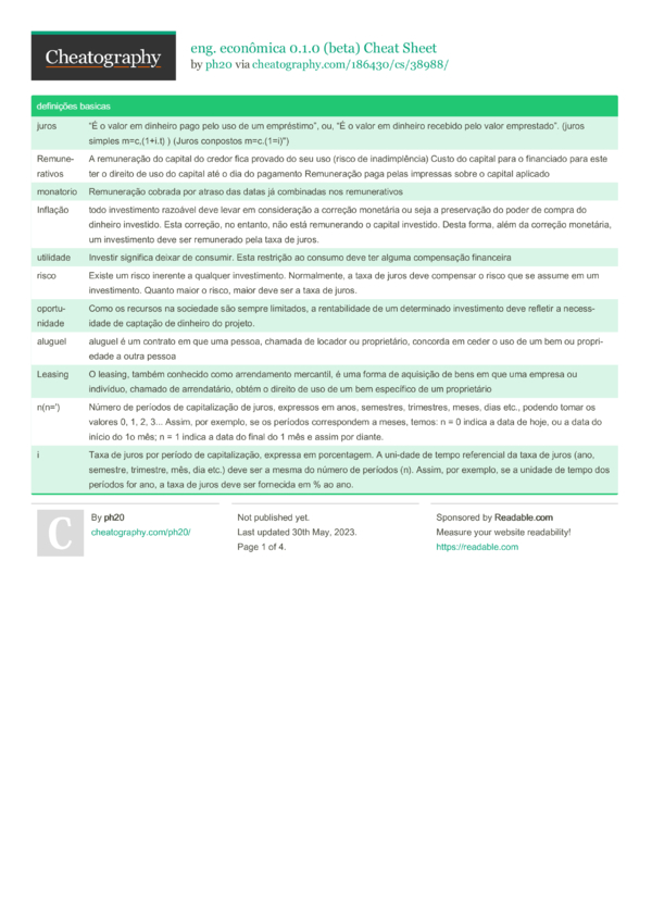 eng. econômica 0.1.0 (beta) Cheat Sheet by ph20 - Download free from ... eng. econômica 0.1.0 (beta) Cheat Sheet by ph20 - Download free from ...