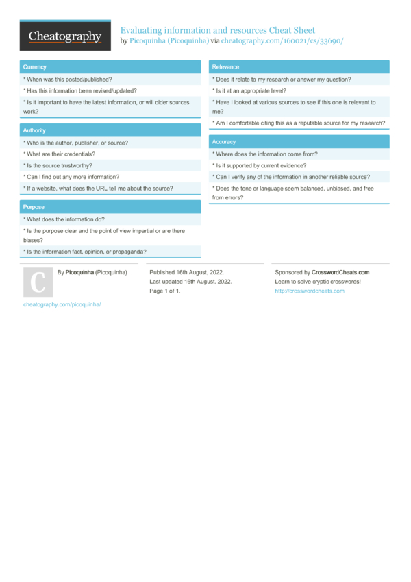 Evaluating information and resources Cheat Sheet by Picoquinha ...