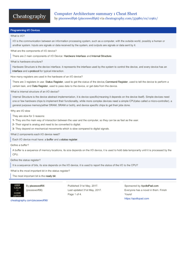 Computer Architecture Summary 1 Cheat Sheet By Pisceswolf96 Download