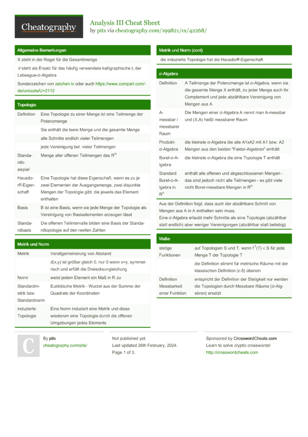 Analysis III Cheat Sheet by pits - Download free from Cheatography ...