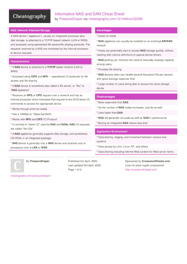 Informative NAS and SAN Cheat Sheet by PressureDraper - Download free ...