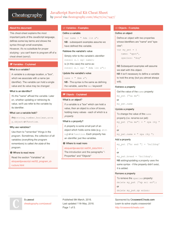 JavaScript Survival Kit Cheat Sheet by pseud - Download free from ...