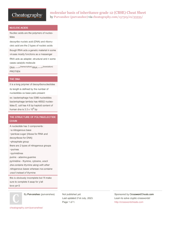 molecular basis of inheritance grade 12 (CBSE) Cheat Sheet by ...