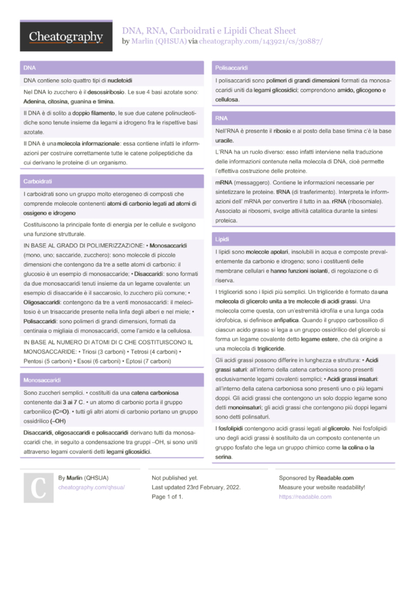 DNA, RNA, Carboidrati e Lipidi Cheat Sheet by QHSUA - Download free ...