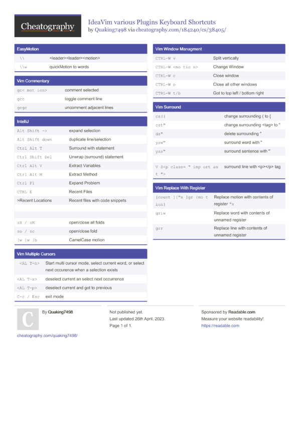IdeaVim various Plugins Keyboard Shortcuts by Quaking7498 - Download ...
