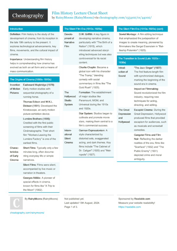 Film History Lecture Cheat Sheet by RainyMoons - Download free from ...