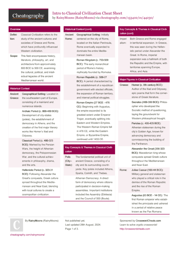 Intro to Classical Civilization Cheat Sheet by RainyMoons - Download ...