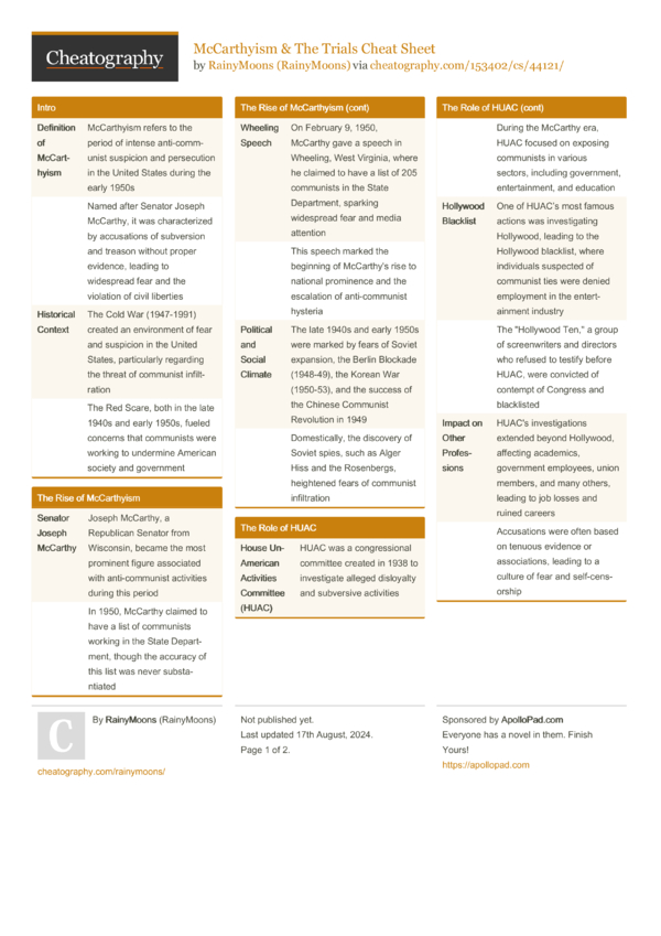 McCarthyism & The Trials Cheat Sheet by RainyMoons - Download free from Cheatography ...