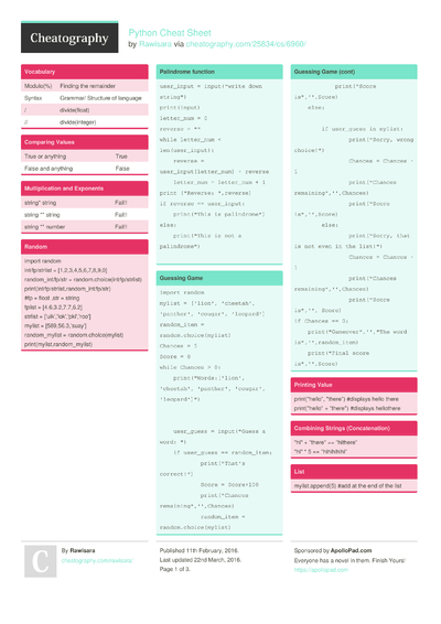 Cheat Sheets Matching "python" - Cheatography.com: Cheat Sheets For Every Occasion