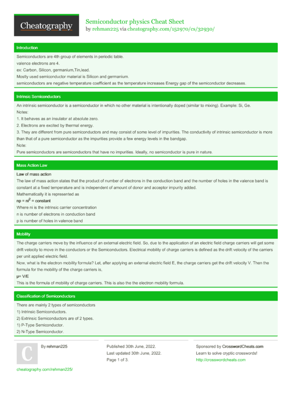 Semiconductor physics Cheat Sheet by rehman225 - Download free from ...