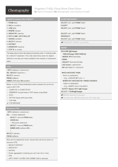 4 T-sql Cheat Sheets - Cheatography.com: Cheat Sheets For Every Occasion