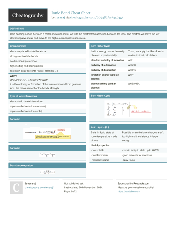 Ionic Bond Cheat Sheet by resaraj - Download free from Cheatography - Cheatography.com: Cheat ...