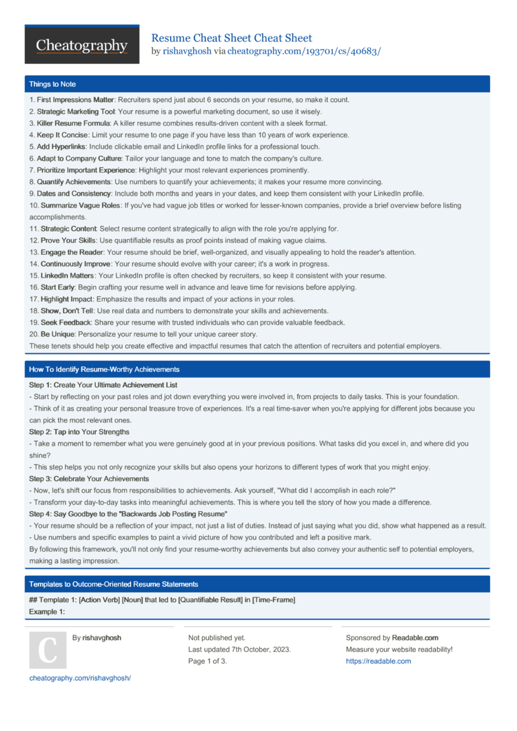 Resume Cheat Sheet Pin On School