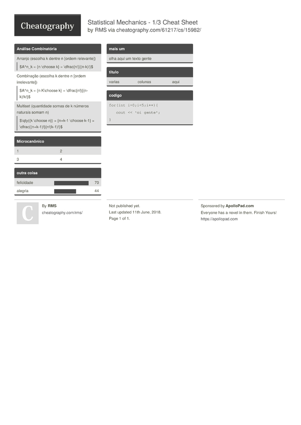 Statistical Mechanics - 1/3 Cheat Sheet by RMS - Download free from ... Statistical Mechanics - 1/3 Cheat Sheet by RMS - Download free from ...
